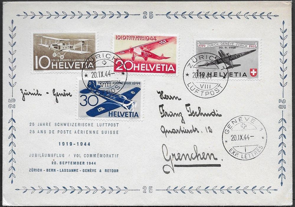 1944 Sonder-Brief Jubil. Flug Zürich - Genève F37-40 ab 1.- (Gebraucht) in Zürich für CHF 19 ...
