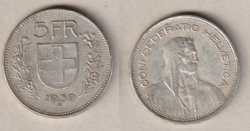 5 Franken 1939 Silber (Gebraucht) in Allschwil für CHF 10 – mit Lieferung auf Ricardo kaufen