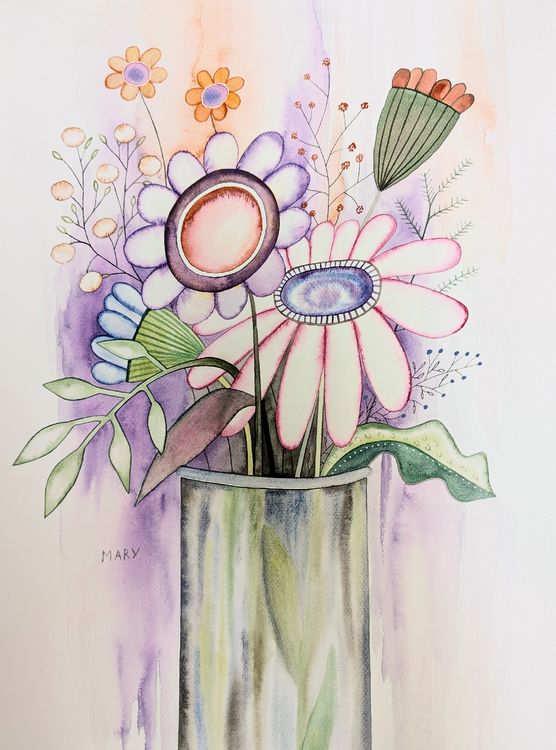 Original Aquarell "Fantasie Blumen in Vase" Bild (Neu und originalverpackt) in Wittenbach für ...