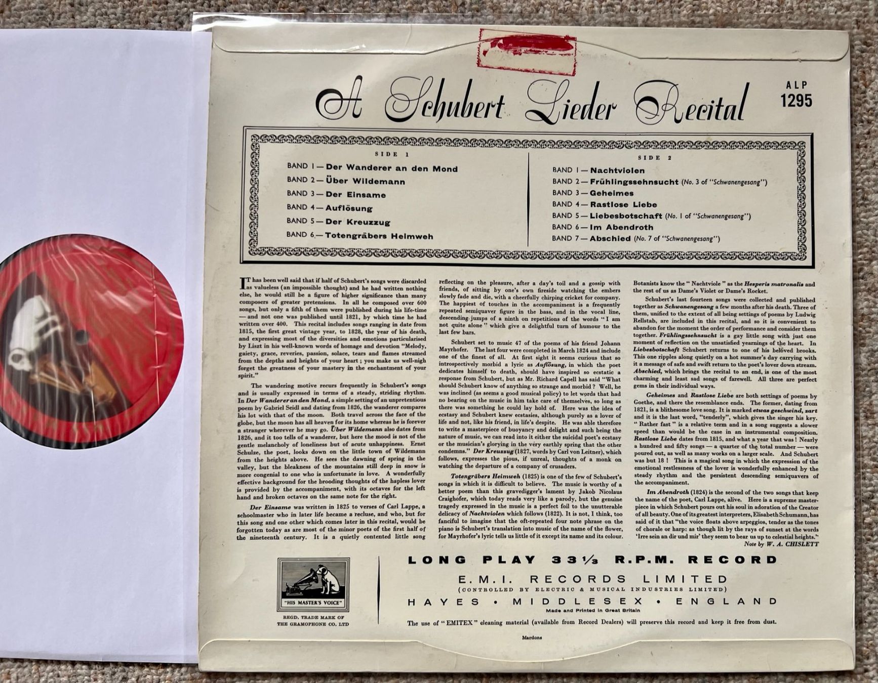 Schubert Lieder Recital Dieskau Moore ALP.1295 ED 1 LP 🛀UK (Gebraucht ...