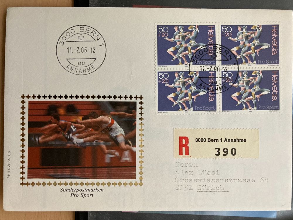 CH 1986 R-FDC 4er-Block Pro Sport Ortsstempel Bern (Gebraucht) in Liestal für CHF 2 – mit ...