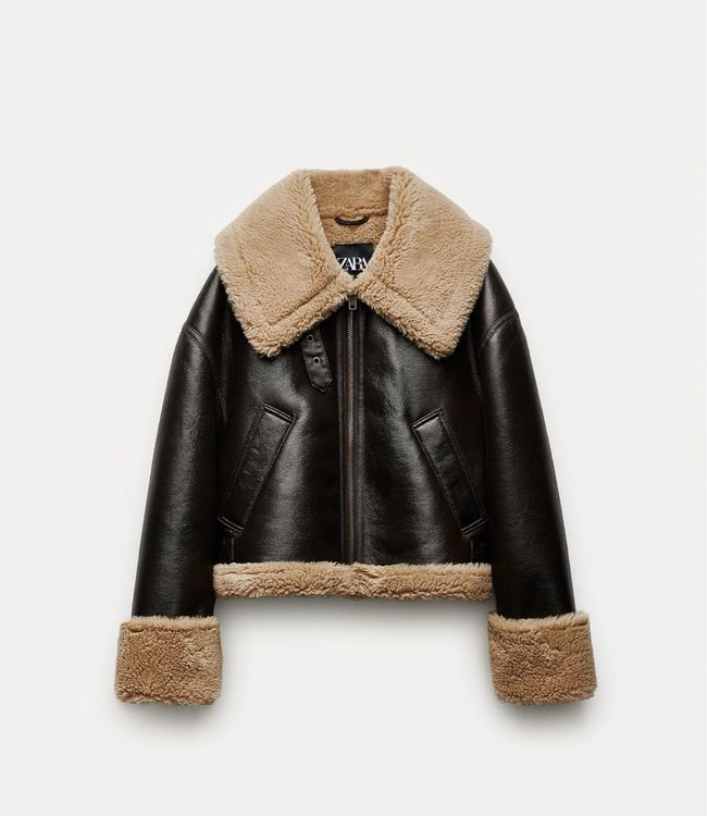Veste aviateur Zara en simili cuir et fourrure teddy 🐻🍂 (Neuf (Voir ...