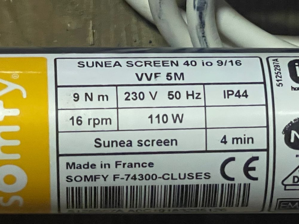 Somfy Sunea Screen 40 Io 9/16 VVF 5M (Neu und originalverpackt) in ...