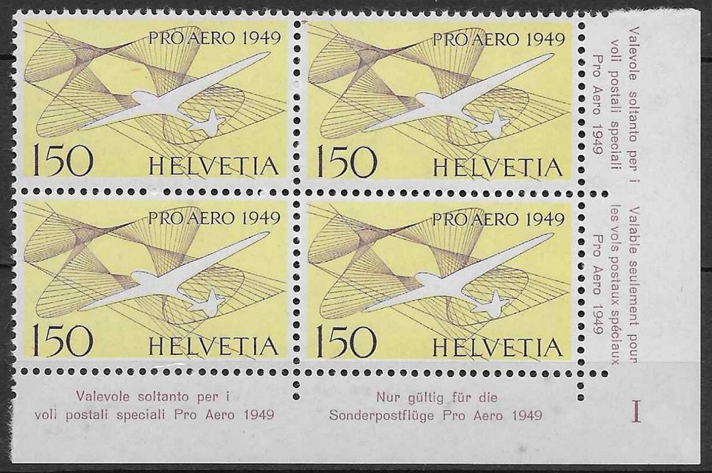 1949: Flugpost Pro Aero Nr.F45 Viererblock ** (Gebraucht) in Walperswil für CHF 20 – mit ...