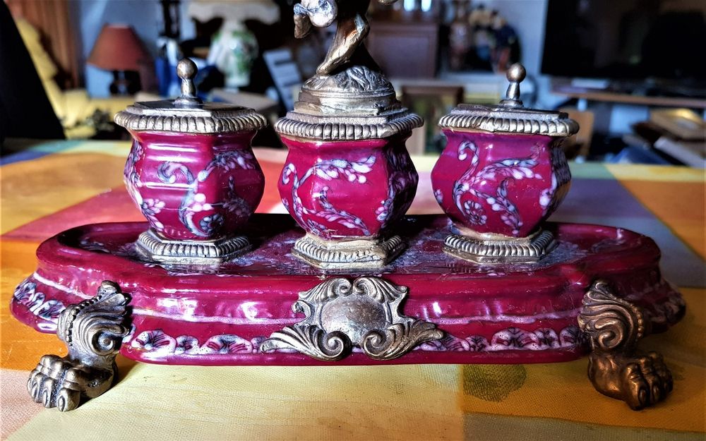 Objet rare Ancien Encrier en faïence craquelée et bronze (Gebraucht) in ...