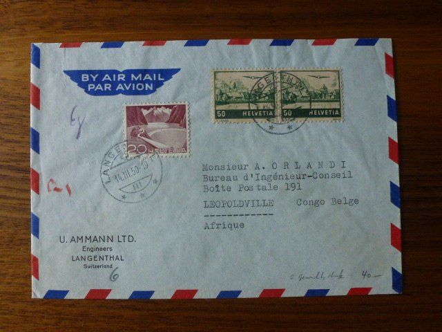 Bedarfs Lufpostbrief v Langenthal n Leopoldville 14.III.50 (Gebraucht ...