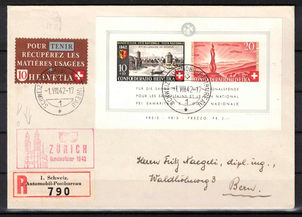 Pro Patria 1942 Block B19 auf Brief mit Zusatzfrankatur (Neu (gemäss Beschreibung)) in Nuglar ...