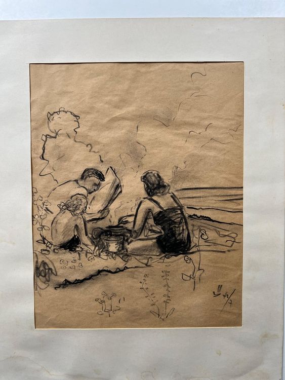 Familie am Strand Zeichnung Handsigniert. | Kaufen auf Ricardo