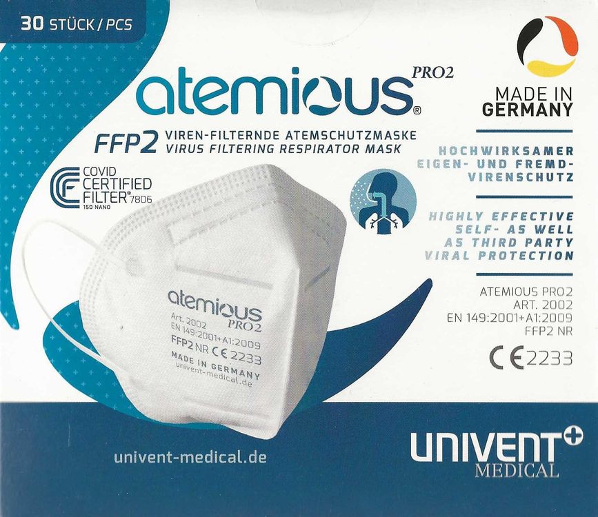 12x 30 stk Univent Medical Atemious Pro2S - FFP2 maske (Neu und originalverpackt) in Beringen ...