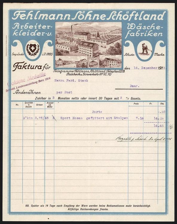 Rechnung Schöftland 1914, Fehlmann Söh (Gebraucht) in Berlin für CHF 19 ...