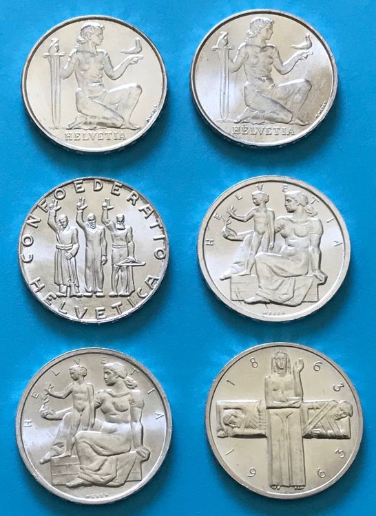 6 schöne Schweizer Silber 5 Franken-Gedenkmünzen 1936 - 1963 (Gebraucht) in Zuerich für CHF 72 ...