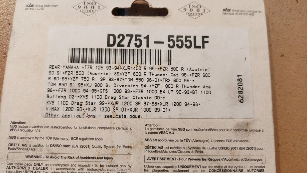 SBS Bremsbeläge D2751-555LF Yamaha TZR, RD, FZR, XJ, XV (Neu und ...