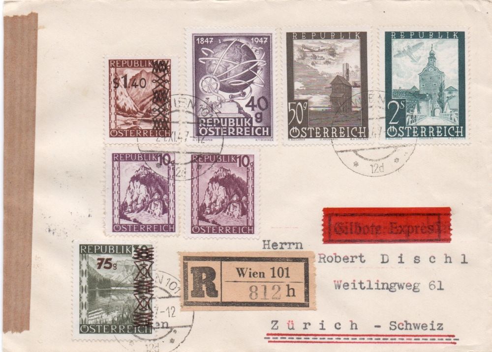 Österreich 1947 Zensurbrief mit Flugpostmarken (Gebraucht) in Basel für CHF 5 – mit Lieferung ...