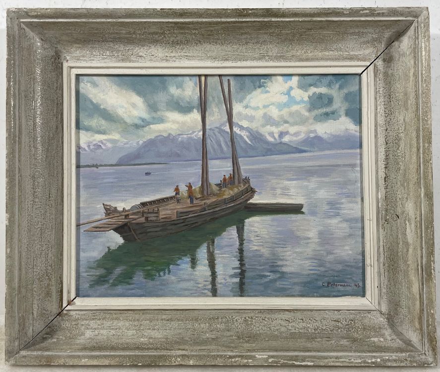 Gemälde mit Boot auf dem See & Berg Aussicht Signiert | Kaufen auf Ricardo