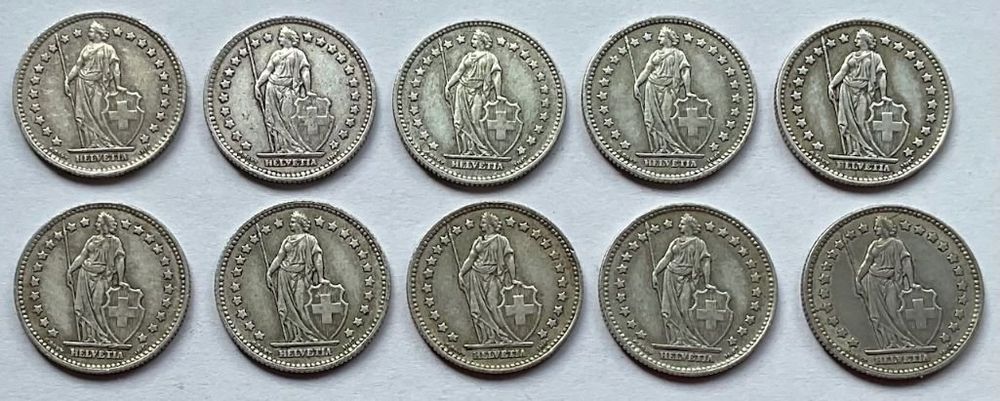 10 Stück Schweizer Silber 1 Franken-Münzen alle von 1955 (Gebraucht) in ...