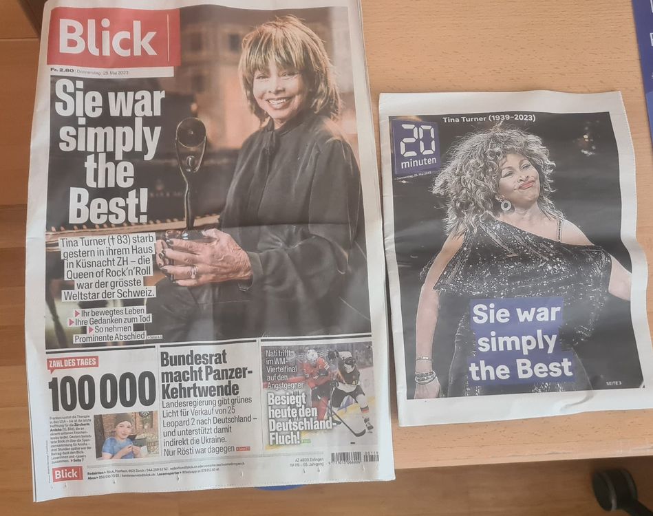 Tina Turner. 2 Zeitungen Blick, 20 Minuten (Neu (gemäss Beschreibung ...