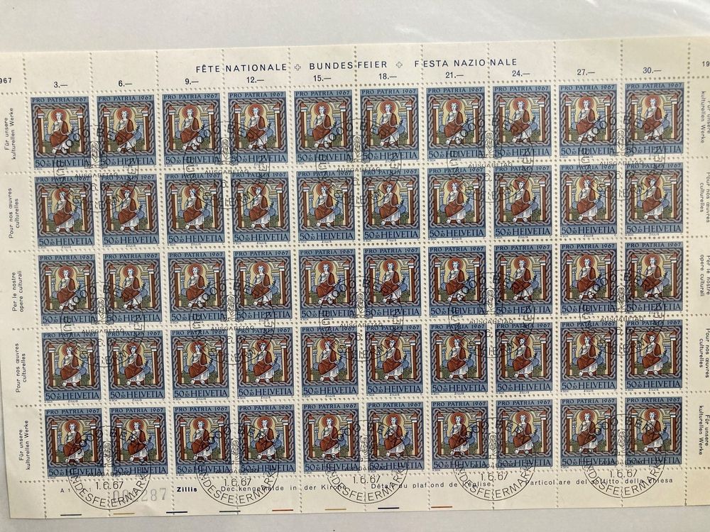 Bundesfeiermarken, Pro Patria 1967, 50+10, Bogen (Gebraucht) in Bachenbülach für CHF 2 – mit ...