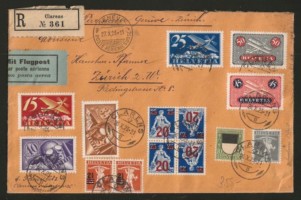 1923 : R-Flugpost-Brief mit Mehrfach-Frankatur (Gebraucht) in Gümligen für CHF 45 – mit ...