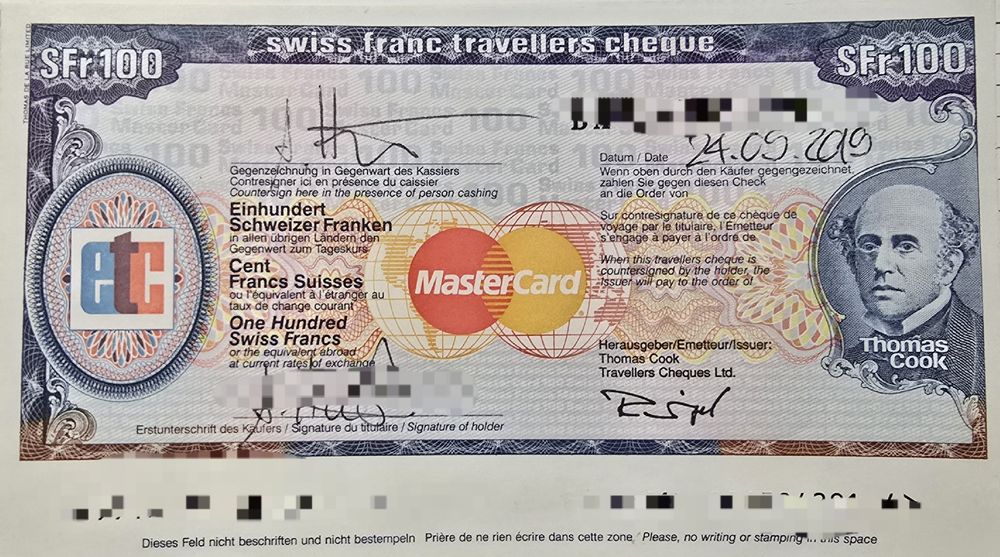 CHF. 500.- / Thomas Cook Travellers Cheques / MasterCard (Neu und ...