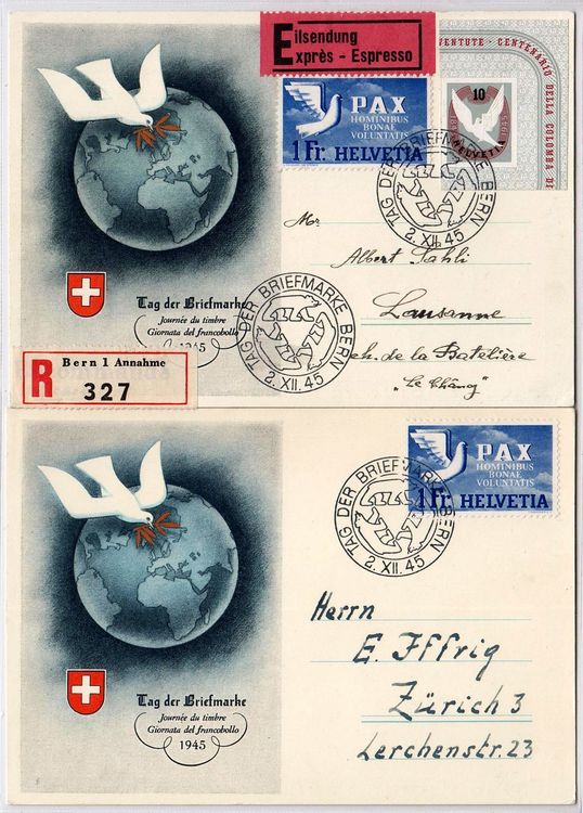 1945: 2x T.d.B. "Tauben-Karte" mit "Tauben-Frankatur " RR ! (Gebraucht) in Luzern für CHF 265 ...