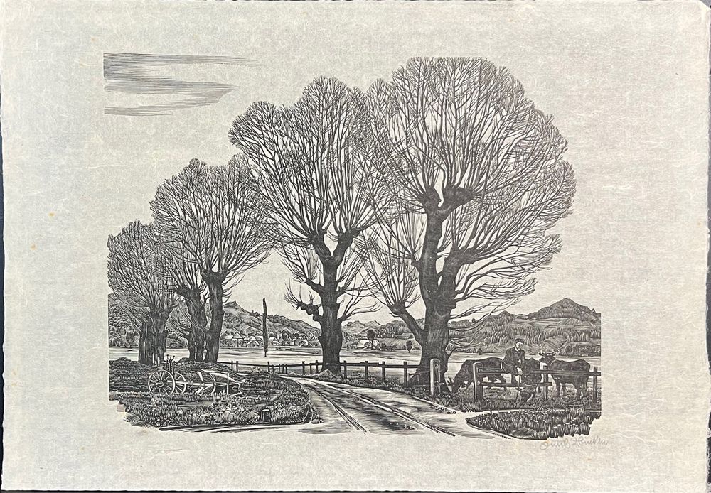 Emil Zbinden. Landschaft mit Kühen und Bäumen. Holzschnitt. (Gebraucht ...