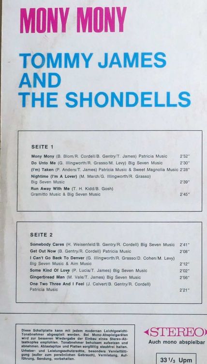 Tommy James & The Shondells - Mony Mony - DE 1968 - to VG++ (Gebraucht ...