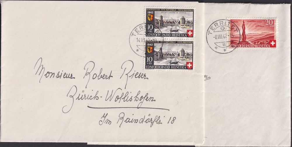 1942, B15+B16 (Pro Patria) LUXUS-"Satzbriefe" von TERRIETET (Gebraucht) in Sursee für CHF 25 ...