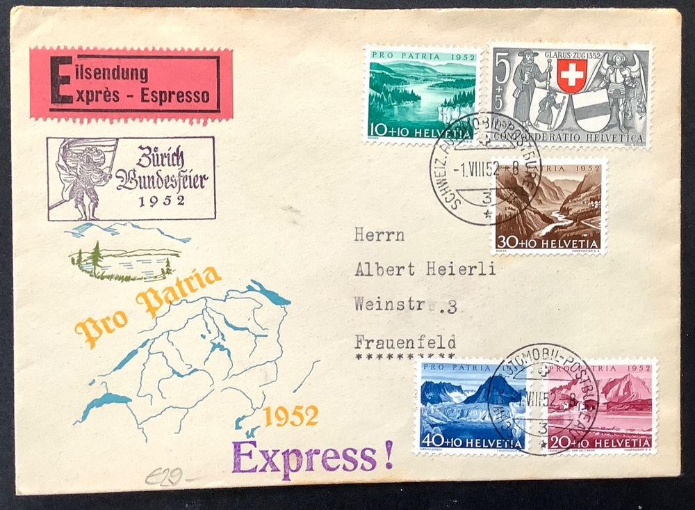 1952 Pro Patria Satzbrief illustriert und Express 1.08.52 (Gebraucht) in Liestal für CHF 16 ...