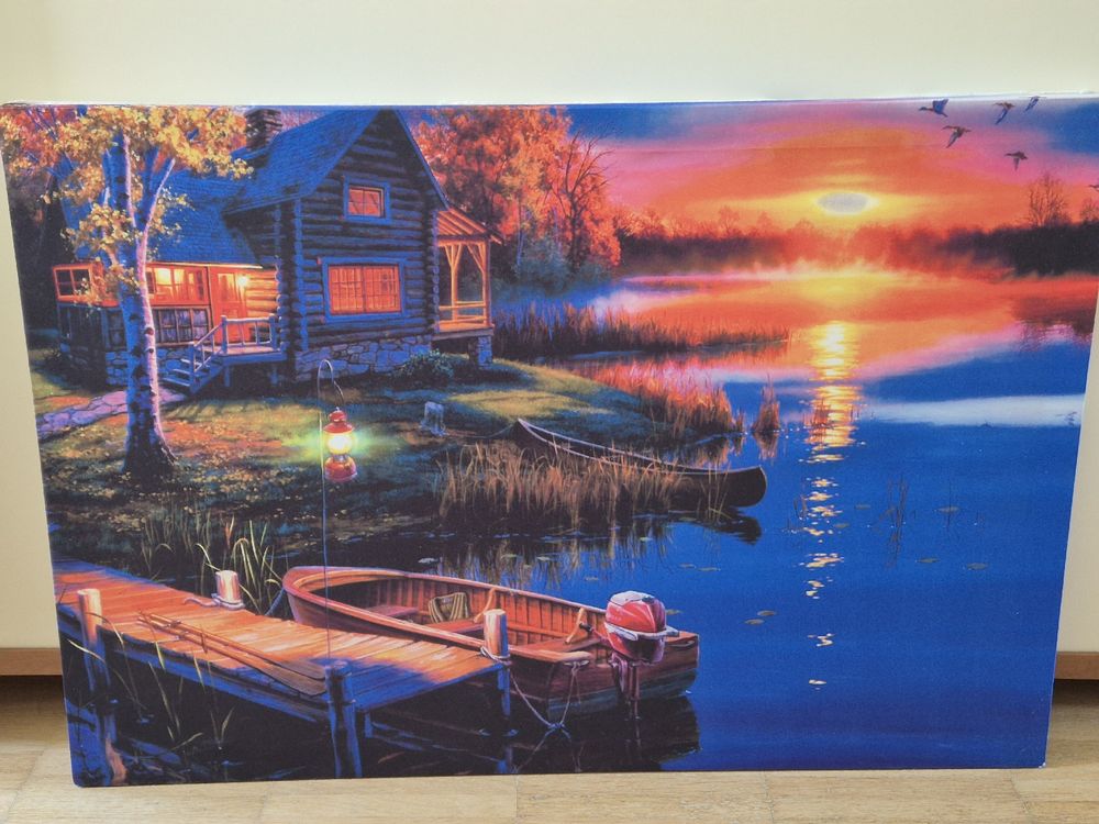 Bild "Seehütte im Sonnenuntergang" - mit Lichtfunktion (Gebraucht) in Kloten für CHF 15 – mit ...