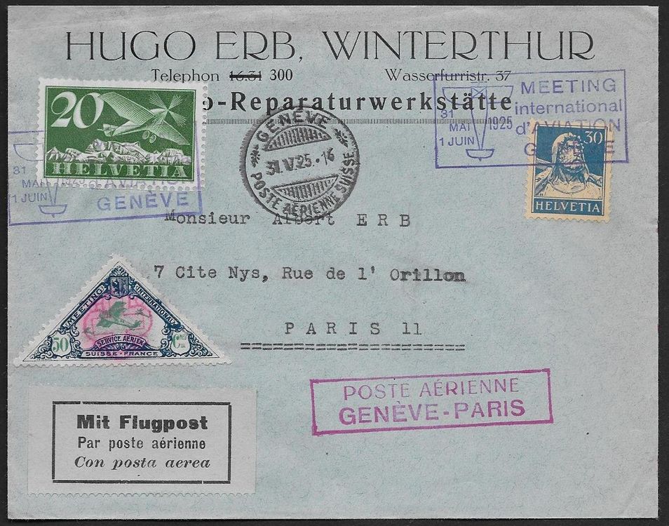 1925 Flug Geneve-PARIS F4, Tell Nr. 160 + VIGNETTE ab 1.- (Gebraucht ...