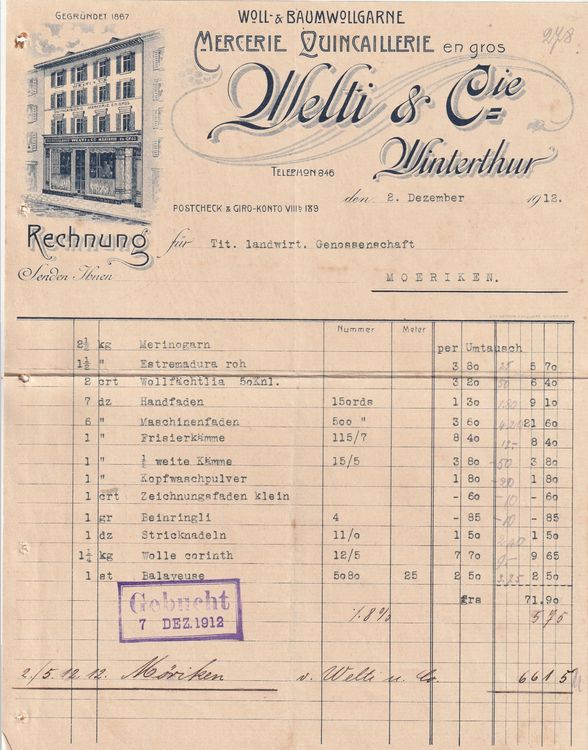 Litho Firmen Briefkopf von Welti & Cie Winterthur 1912 | Kaufen auf Ricardo