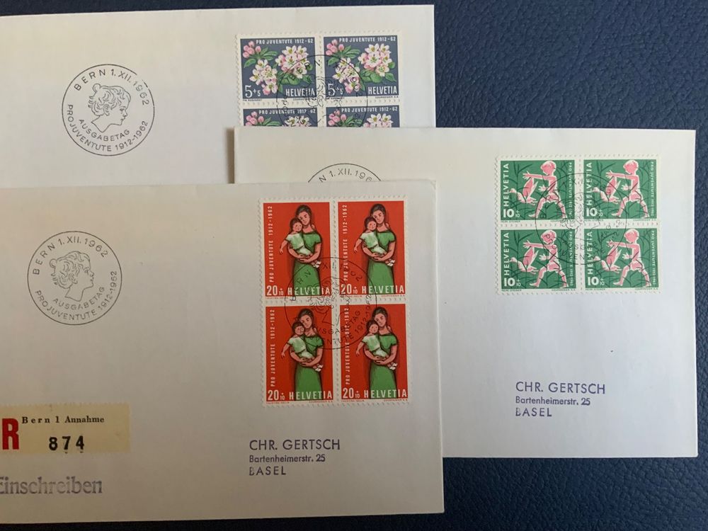 Briefmarken Schweiz Juventute-FDC 1962 im Viererblock (Gebraucht) in Binningen für CHF 1 – mit ...