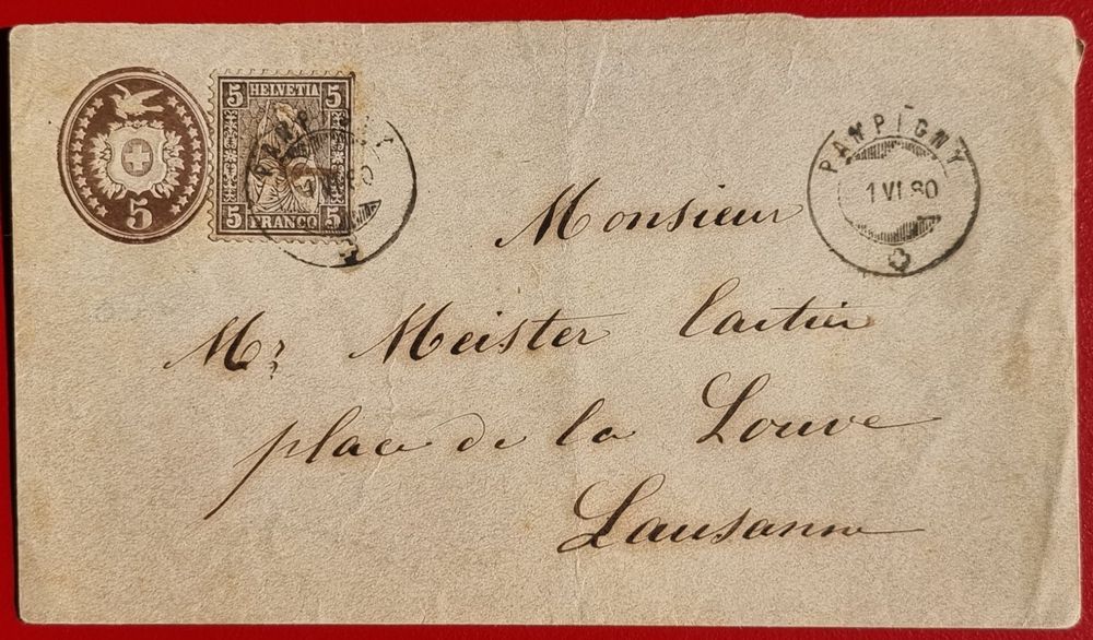 TÜBLI ZUSATZ SITZENDE HELVETIA PAMPIGNY MORGES LAUSANNE 1880 (Gebraucht ...