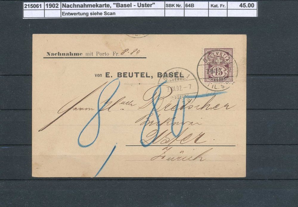1902 Ziffermuster 15 Rp.. SBK Nr. 64B, Nachnahmekarte (Gebraucht) in Winterthur für CHF 6.5 ...