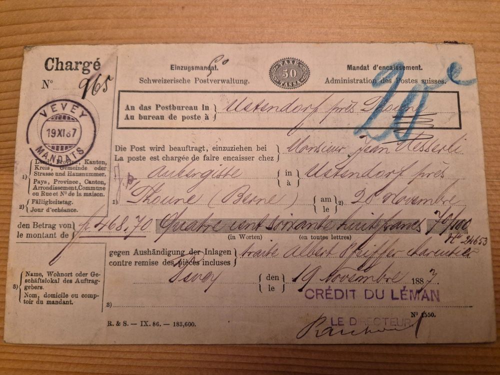 CH-Einzugsmandat aus 1887 mit int. Stempeln gem. Bilder (Gebraucht) in Oberuzwil für CHF 1 – mit ...