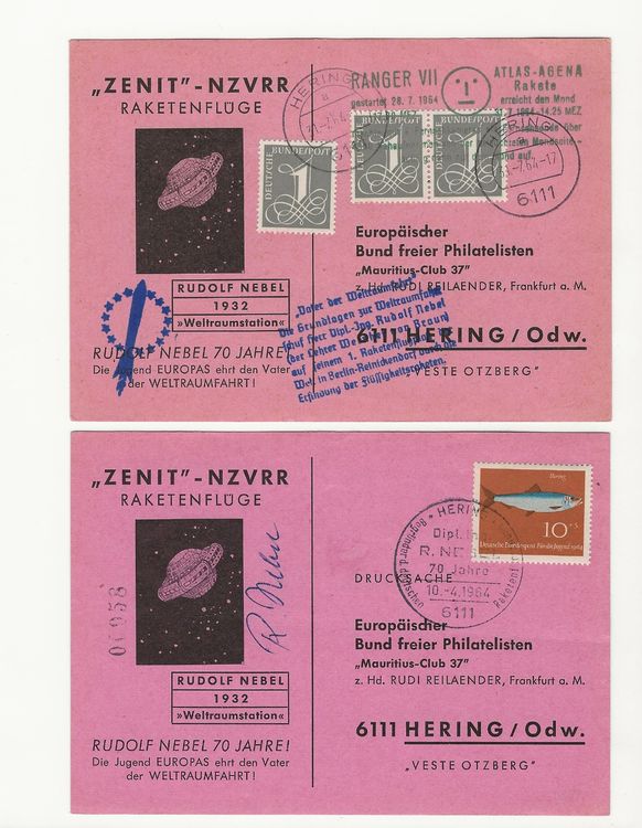 2 x Raketen Post Raketenflüge mit Unterschrift Rudolf NEBEL | Kaufen ...