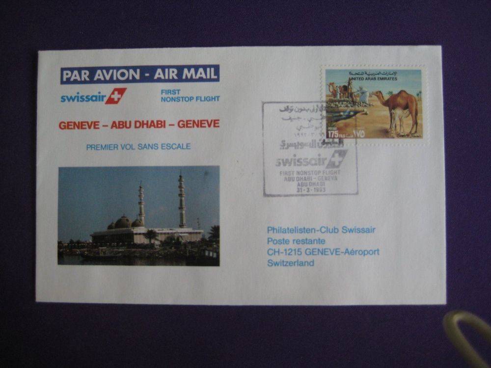 Erstflugbrief Genève-ABU DHABI-Genève 93 (Neu (gemäss Beschreibung)) in Wangs für CHF 1 – mit ...