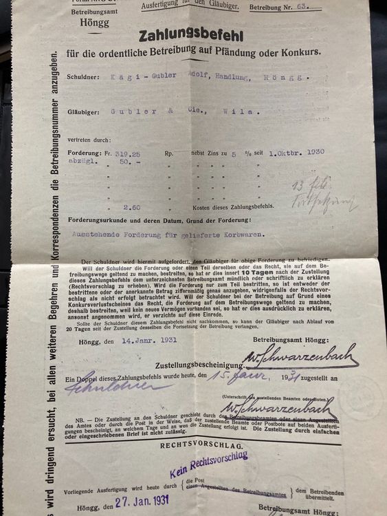 Schweiz 1931 NN Zahlungsbefehl Höngg MiF Tell u.-knabe (Gebraucht) in Liestal für CHF 2.5 – mit ...