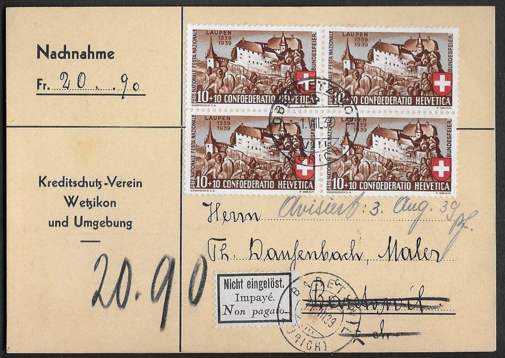 1939 NN-Karte OBERWETZIKON Viererblock-Frankatur B2 ab 1.- (Gebraucht) in Zürich für CHF 2 – mit ...