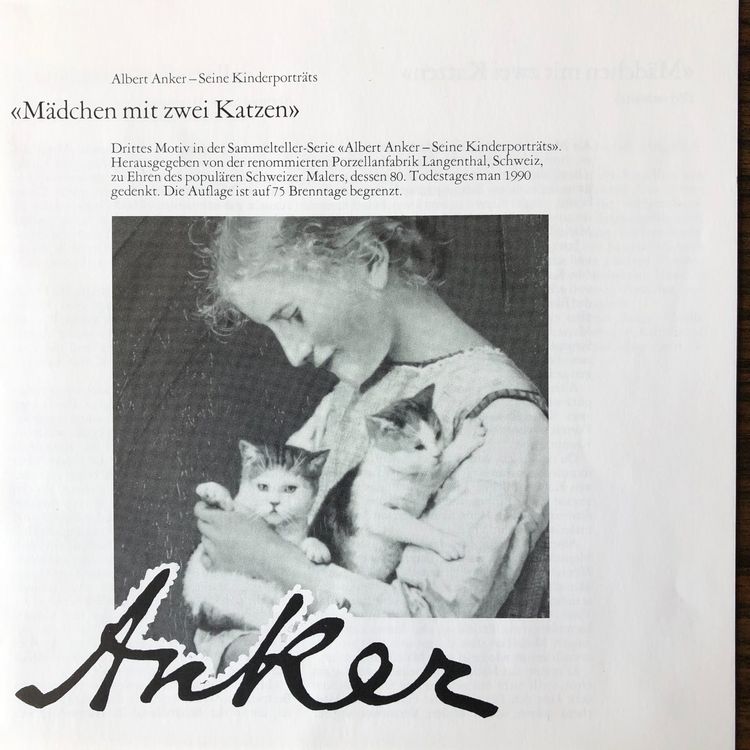 Sammelteller: Mädchen mit zwei Katzen, Serie Albert Anker (Neu und ...