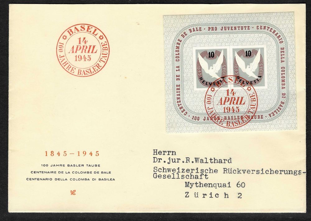 1945, W23+, Block Basel auf illustriertem FDC (14702) (Gebraucht) in Burgdorf für CHF 17 – mit ...