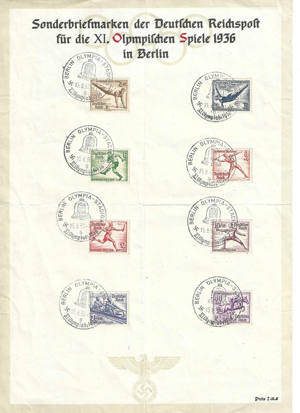 Olympiade Berlin 1936, 8 Sonderbriefmarken auf A4-Blatt (Gebraucht) in ...