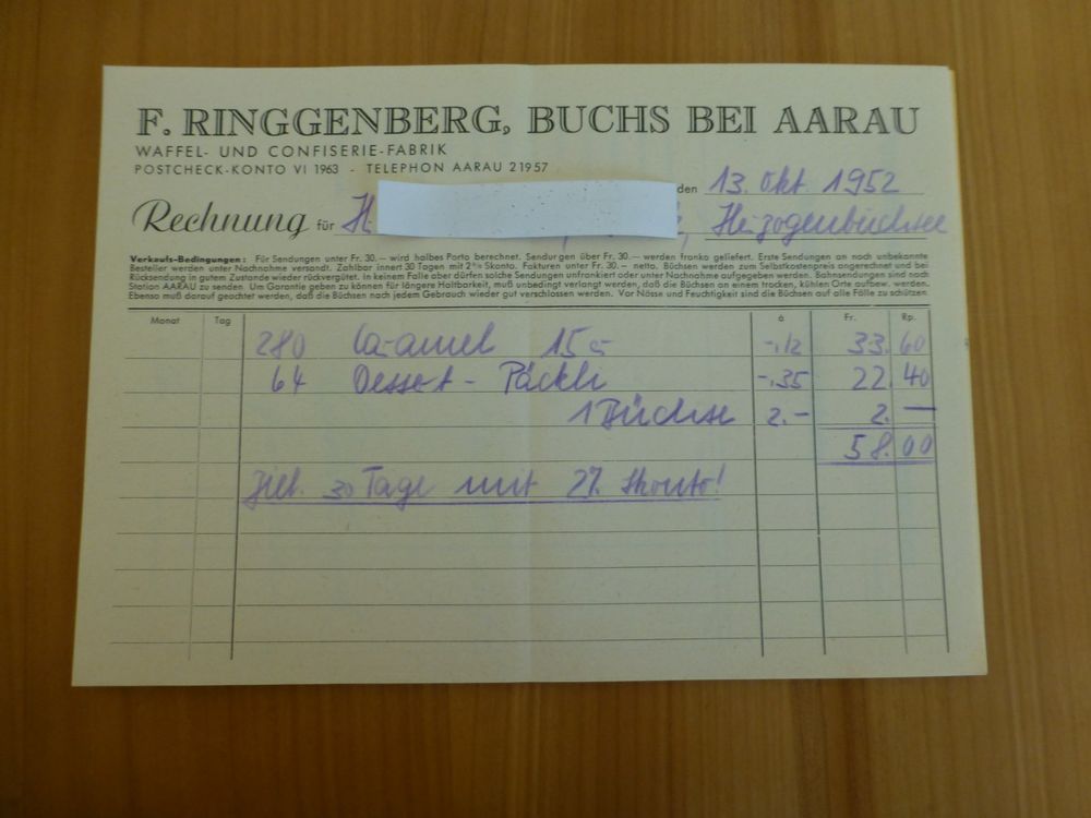 Buchs bei Aarau, F. Ringgenberg, Confiseriefabrik 1952 (Gebraucht) in Bettlach für CHF 1 – mit ...