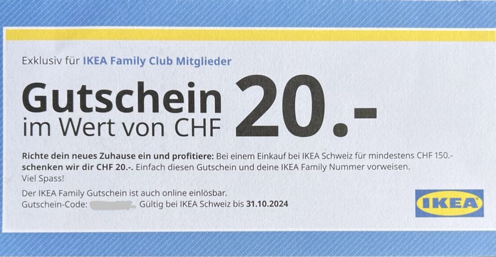 IKEA 20 CHF Gutschein (Neu und originalverpackt) in Zürich für CHF 3 – mit Lieferung auf Ricardo ...