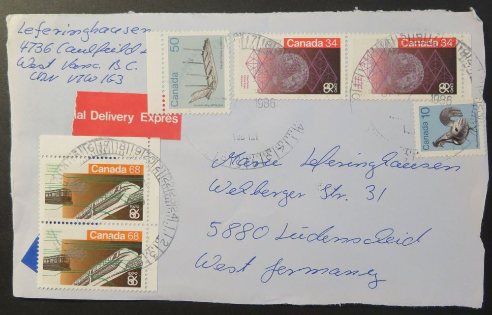 Briefausschnitt mit Briefmarken Kanada “EXPO 1986” (Gebraucht) in Oberriet SG für CHF 3 – mit ...