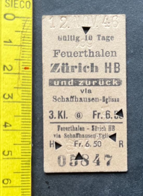 Feuerthalen Zürich vla Schaffhausen-Eglisau 3. KIasse 1946 (Gebraucht) in Wabern für CHF 2.8 ...
