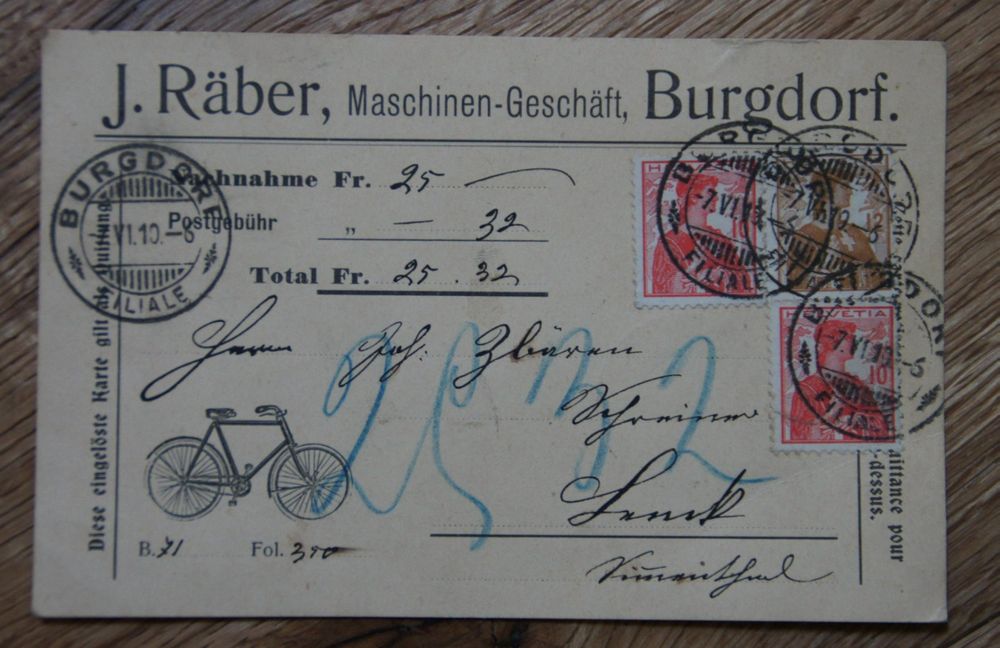 Geschäftskarte J. Räber, Maschinen-G., Burgdorf, 1910 (Gebraucht) in St ...