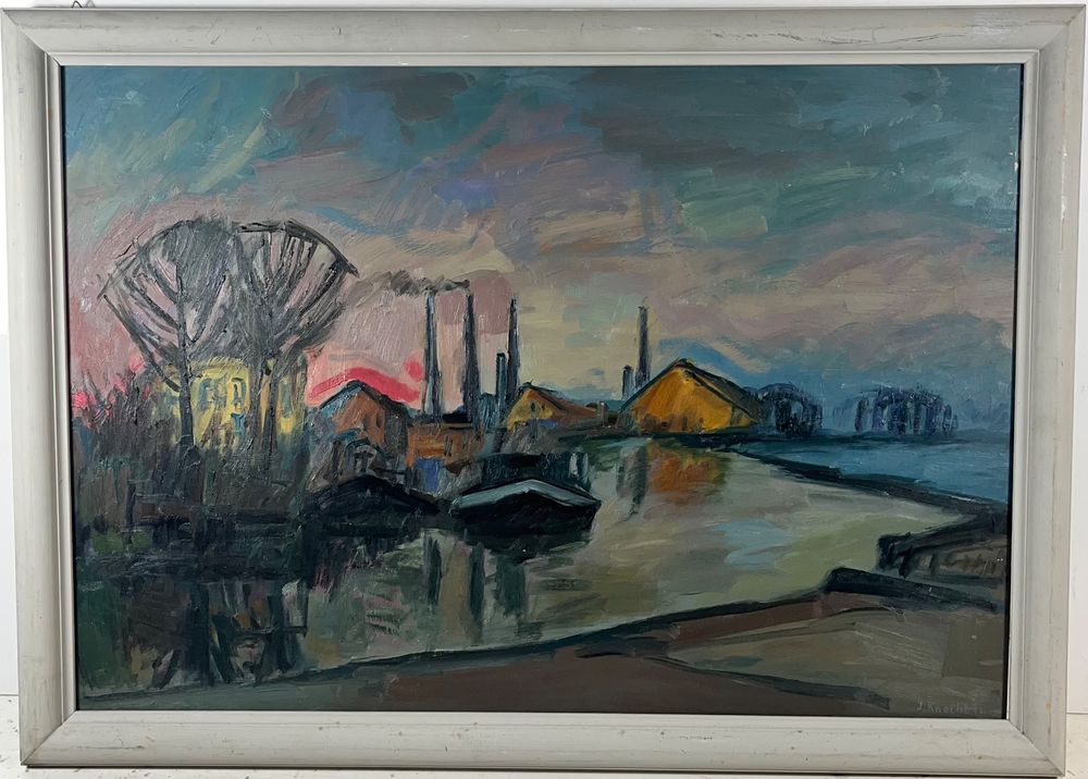 Josef Knecht (1913-?) Grosse Küsten Szene Gemälde mit Booten (Gebraucht ...