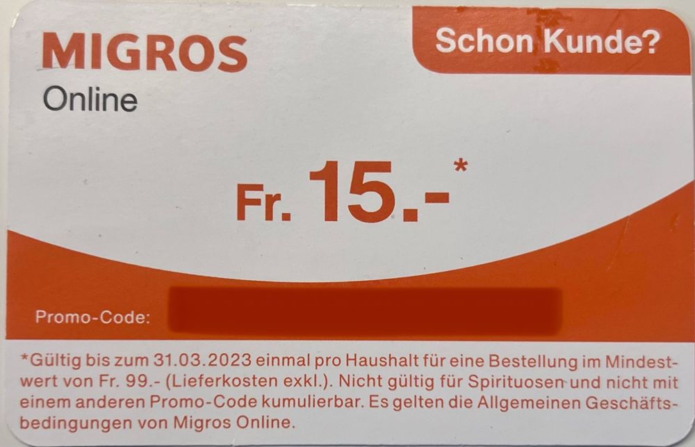 Migros 15 CHF Online Gutschein für bestehende Kunden (Neu und originalverpackt) in Zürich für ...