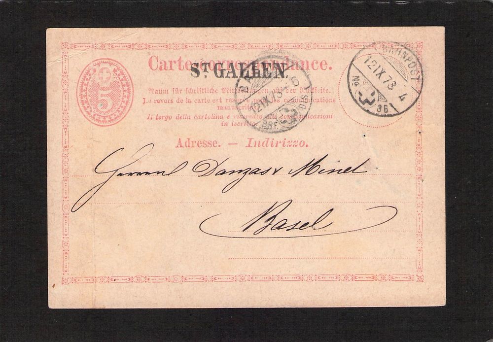 Balkenstempel St.Gallen mit kleinem T !!auf 5Rp Karte 1873 (Gebraucht ...